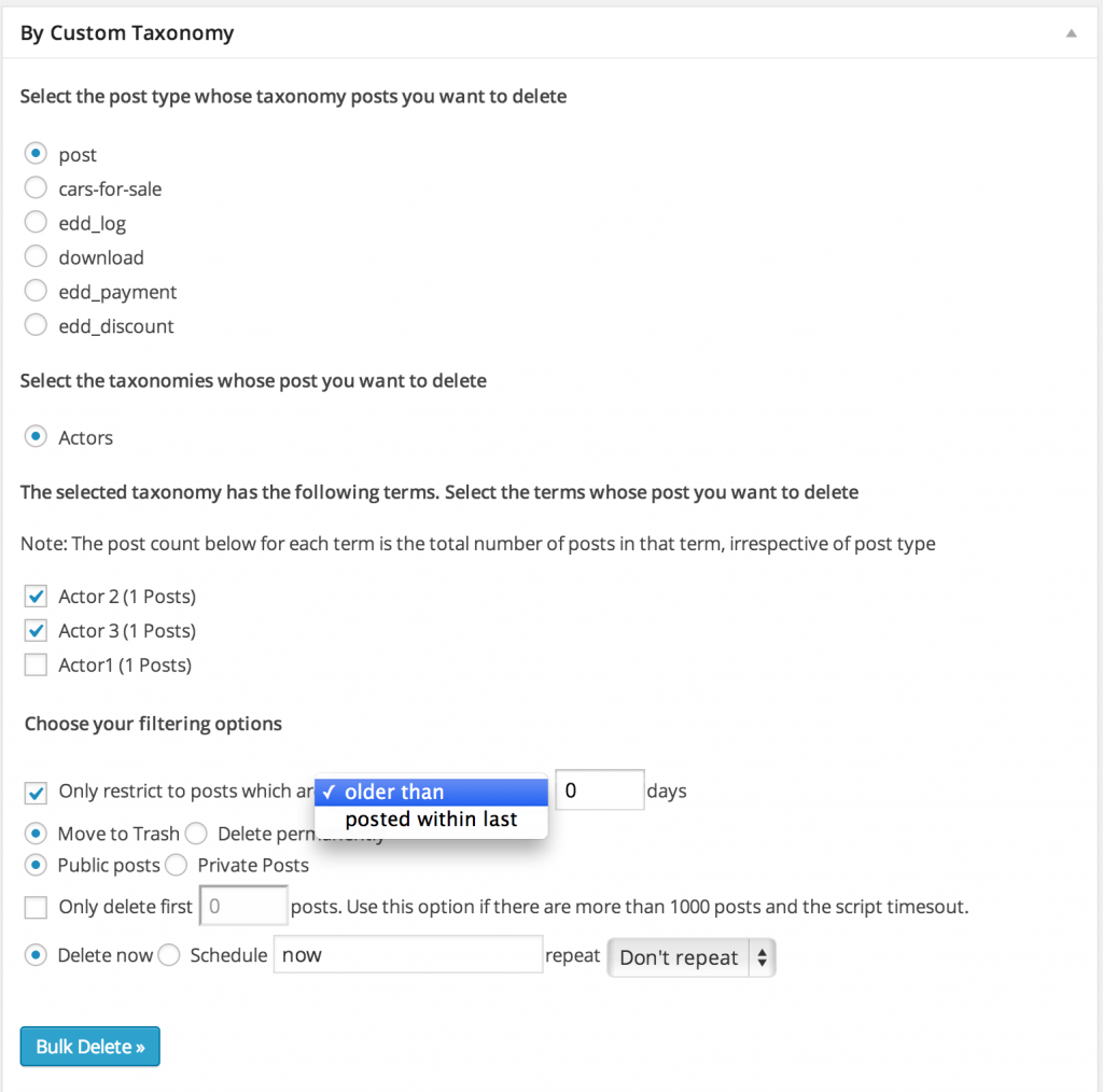 Scheduler for Deleting Posts by Taxonomy | Bulk WP